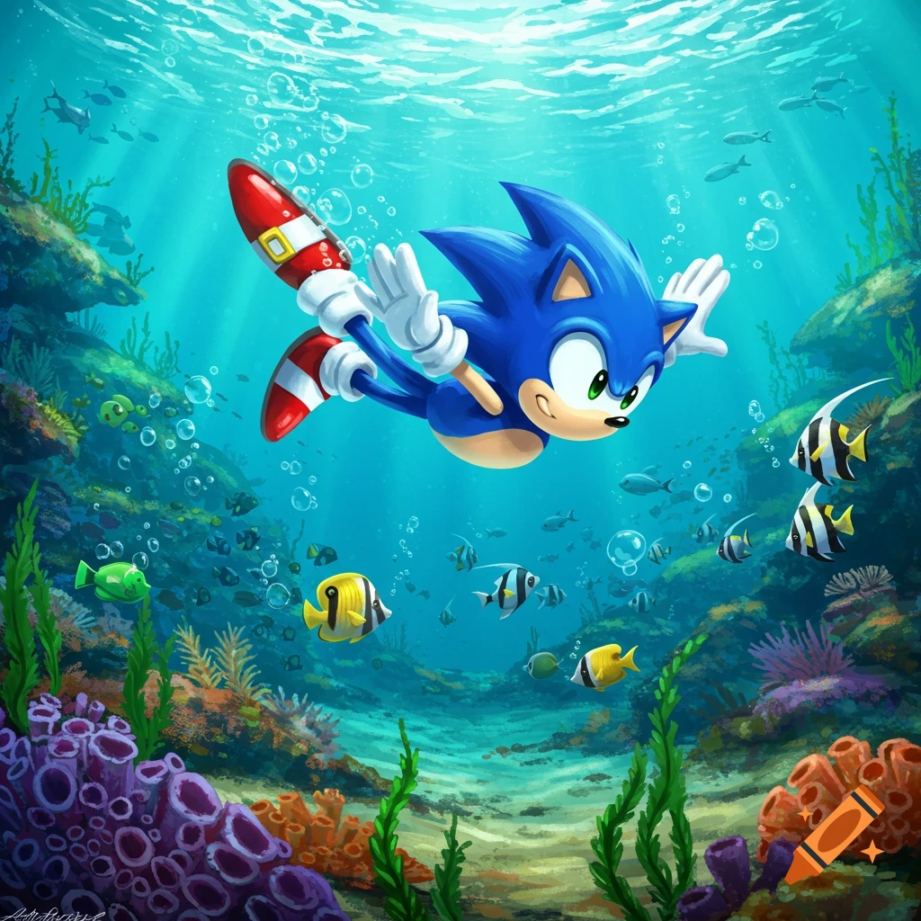 Classic Sonic the Hedgehog swims happily underwater, surrounded by ...