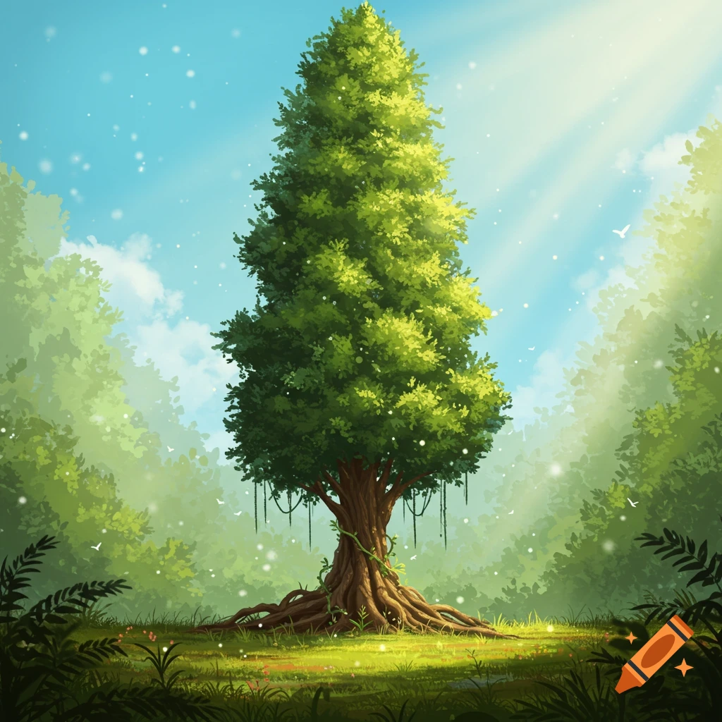 A vibrant green tree with prominent roots stands tall in a lush, sun ...