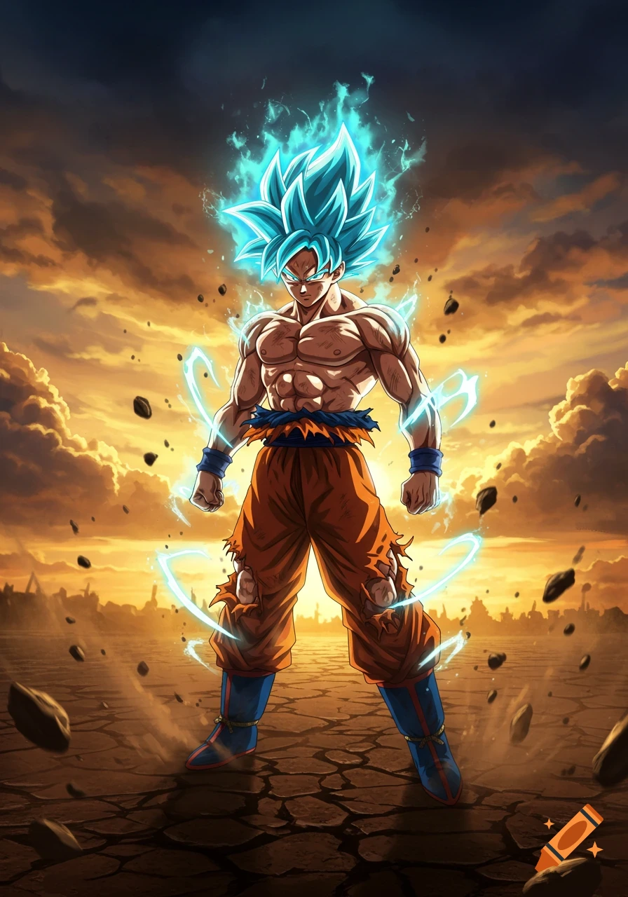 Goku, in Super Saiyan form, powers up with golden energy and blue ...