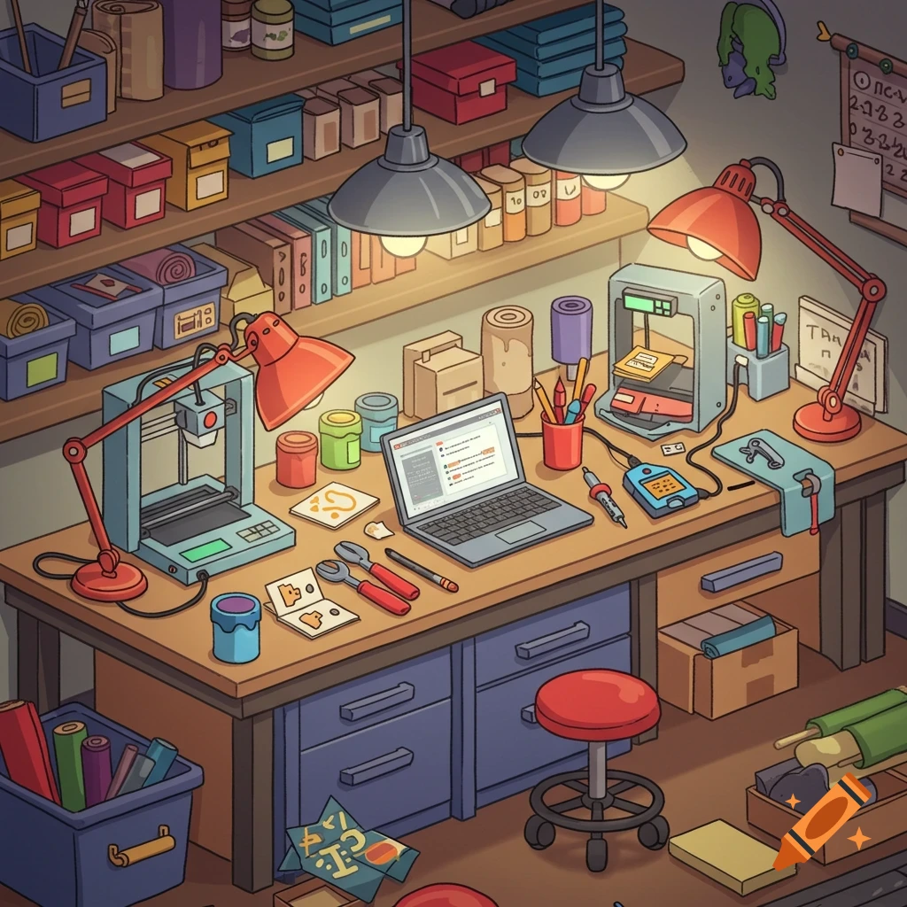 A colorful cartoon illustration of a cluttered makerspace workbench with two 3D printers, a ...