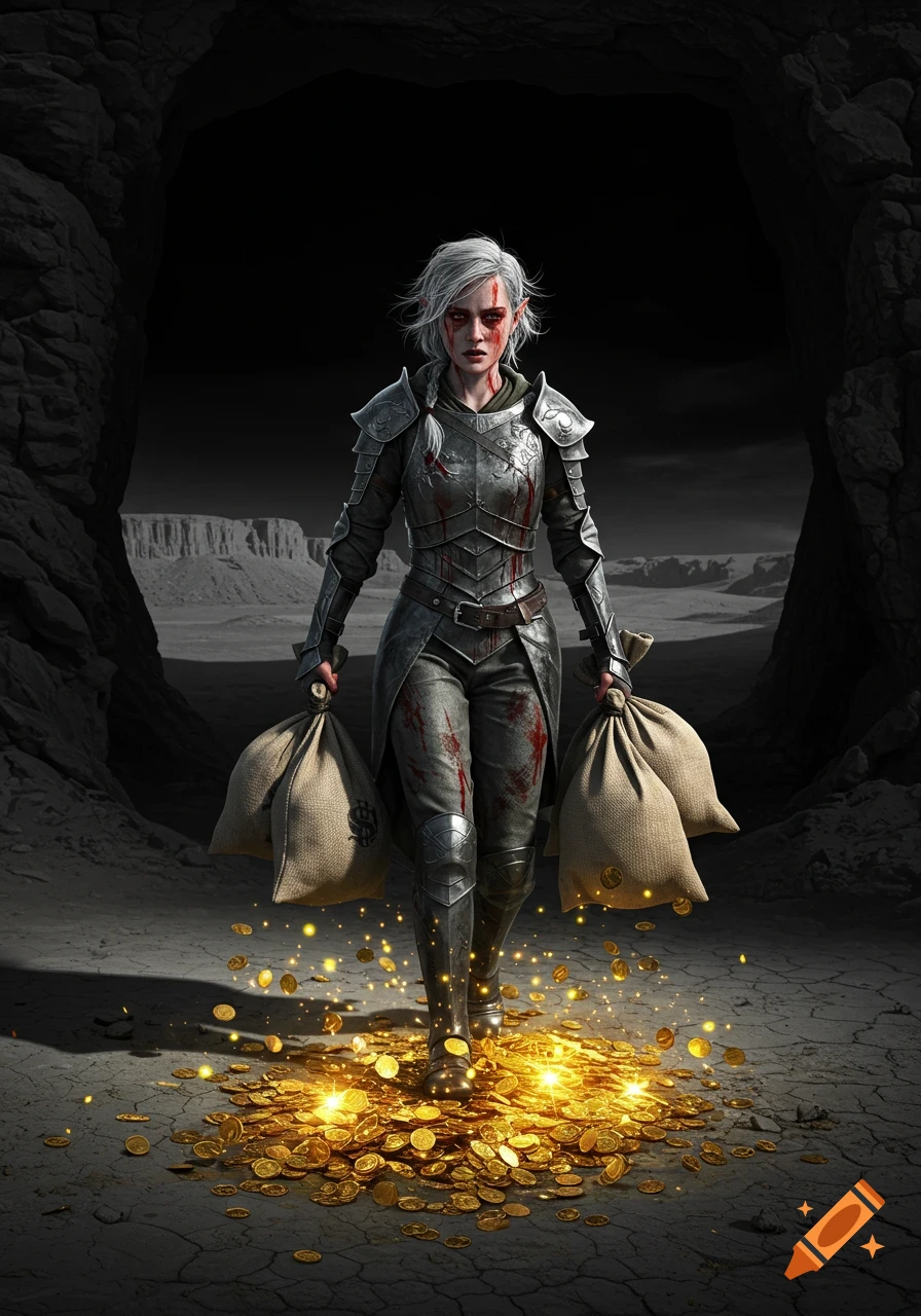 Photorealistic movie poster of a wounded female elf ranger with white ...