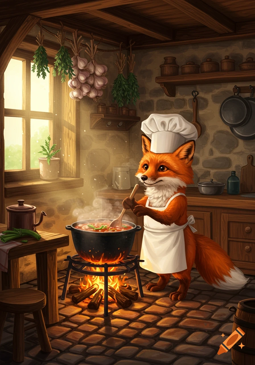 A cute anthropomorphic fox chef in a white apron and hat, stirring a ...