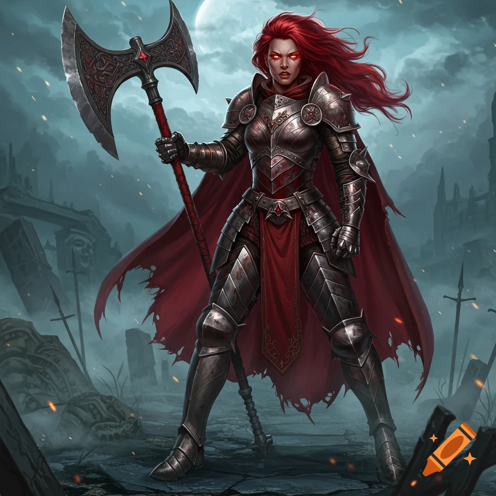 Red-haired drow female in dark ornate armor stands in overgrown gothic ...