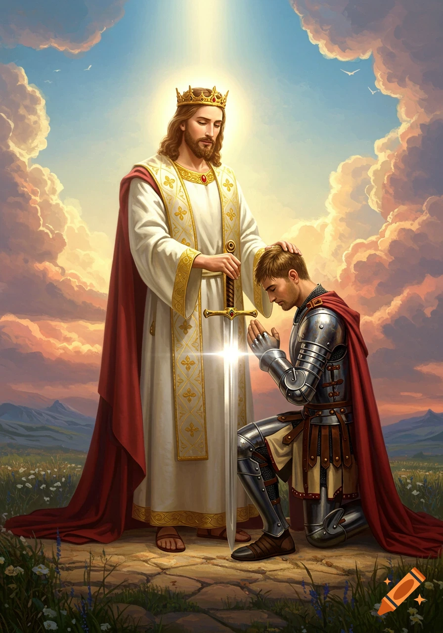 A man and a girl stand in a cave entrance, looking out at a lush garden ...