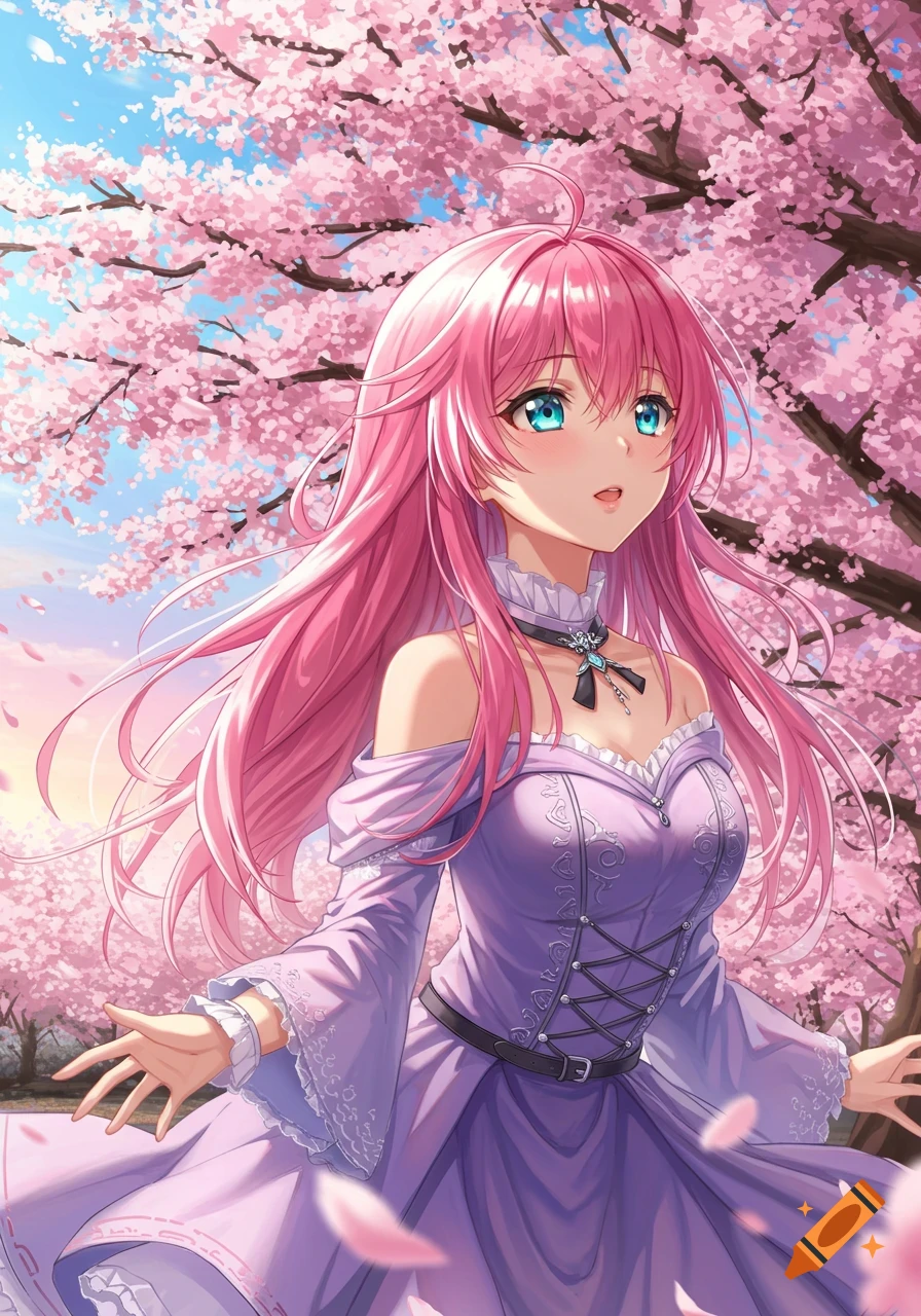 An anime woman with long pink hair and red eyes, pale skin, wearing a ...