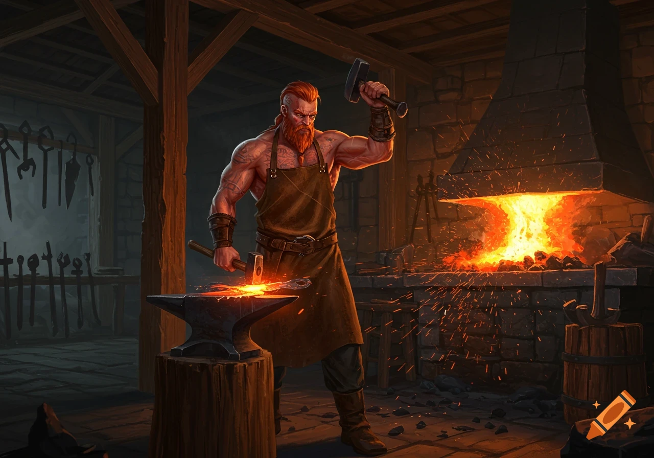 Muscular medieval blacksmith hammering a hot sword on an anvil in a dimly lit forge with a fiery ...