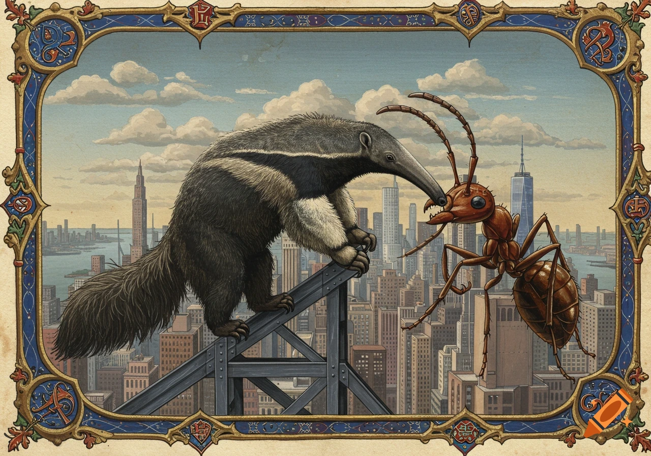 A giant anteater and a giant ant fighting over a Manhattan cityscape ...