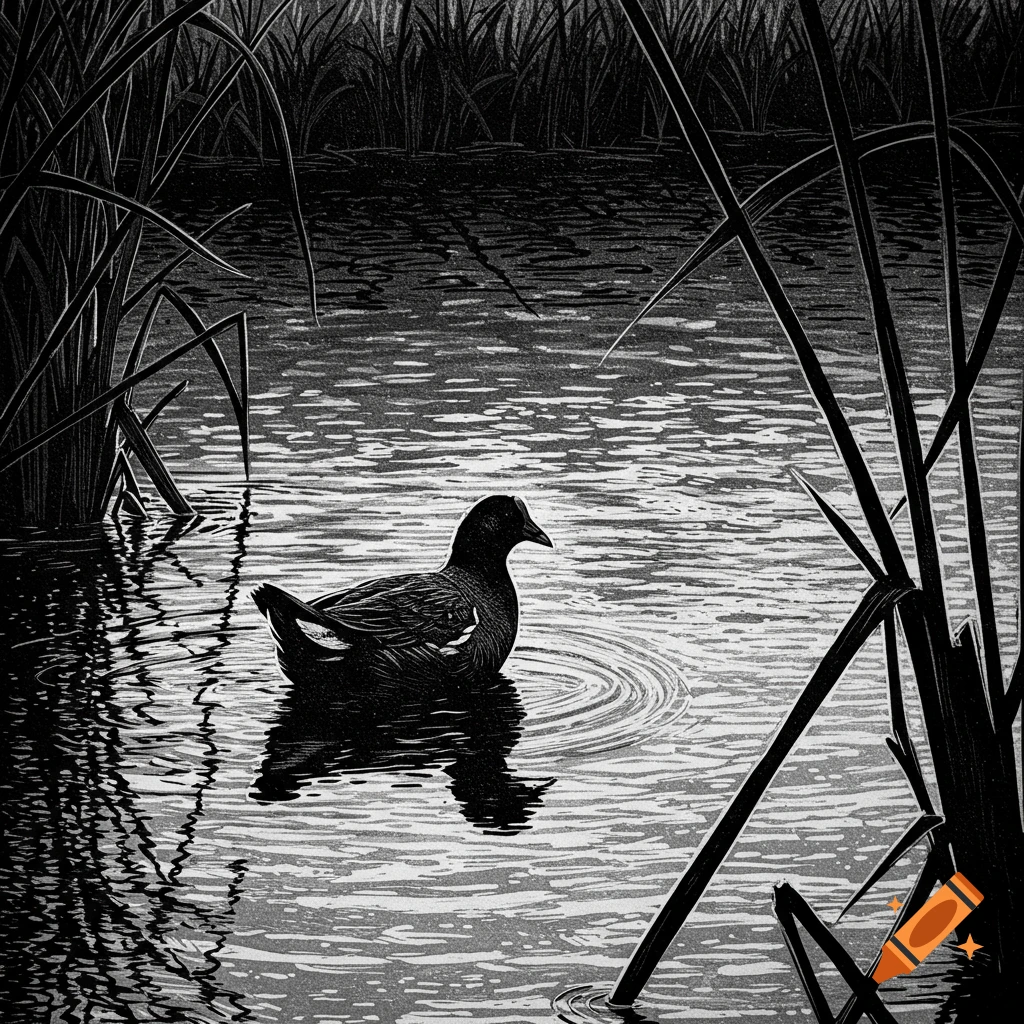 Black and white line art illustration depicting a tranquil body of ...