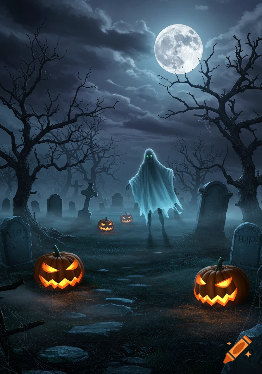 A spooky graveyard scene at night with a glowing ghost, several jack-o'-lanterns, silhouetted ...
