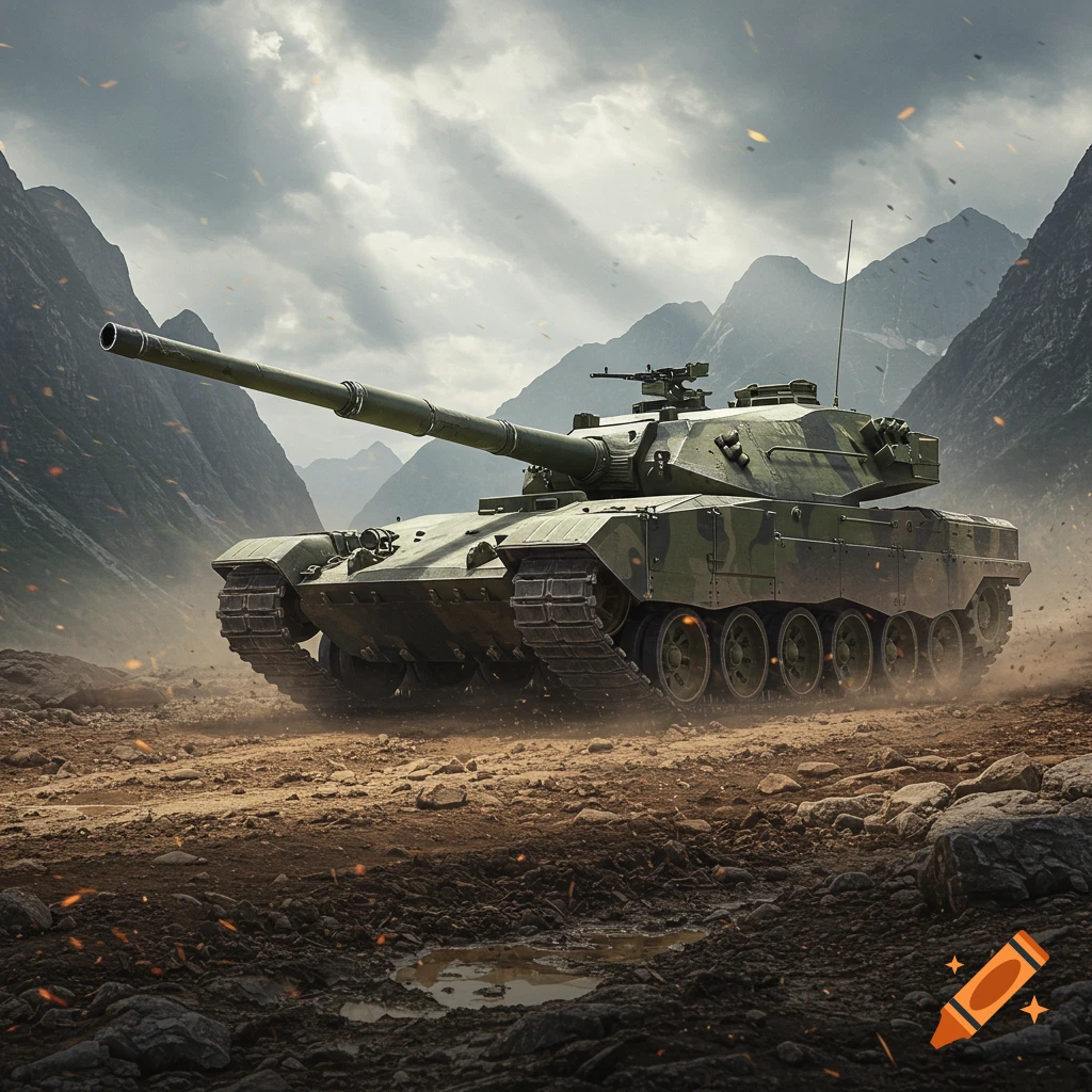 A detailed, photorealistic military tank in a desert landscape, with ...