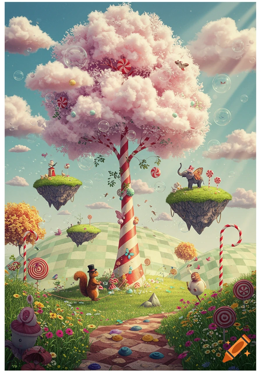 A vibrant dreamcore fantasy landscape with a large blue eye in a pastel ...