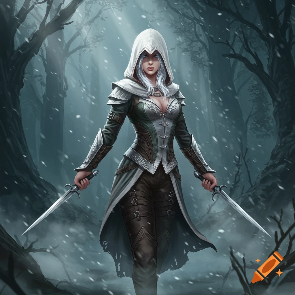 A white-haired female assassin in a white hood and armored outfit ...