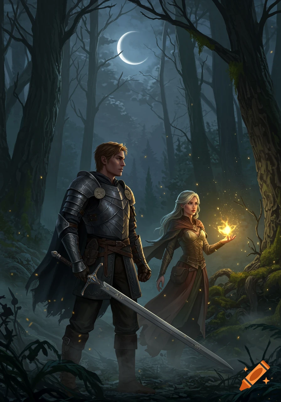 A fantasy warrior in armor rides a black horse through a mystical ...