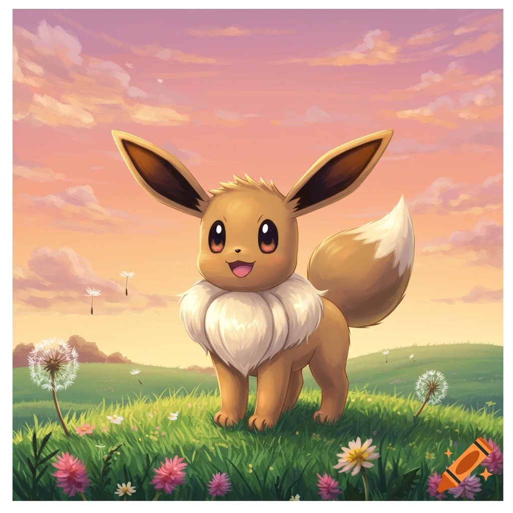 Eevee in a grassy field with dandelions under a pastel sunset sky ...