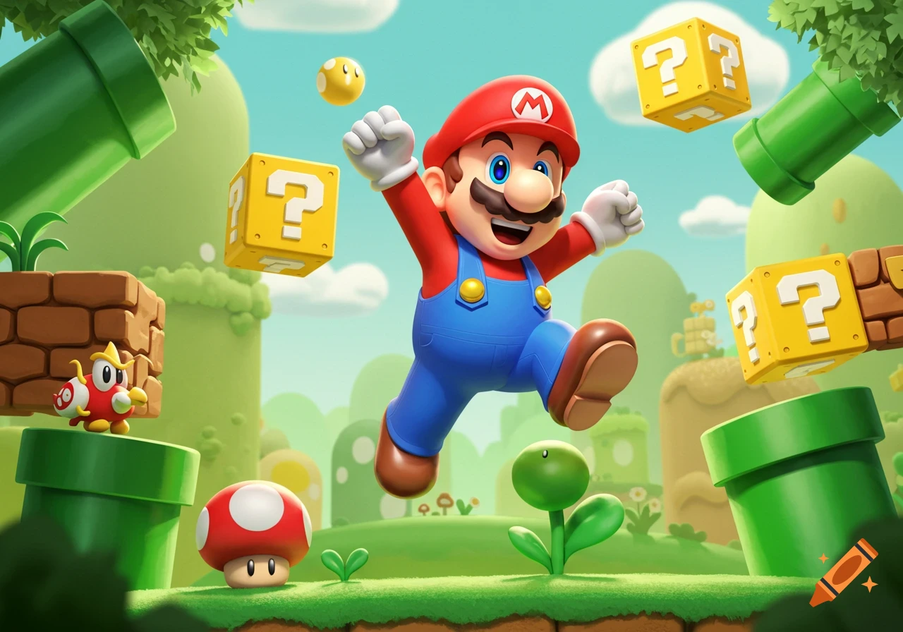 Mario jumps joyfully in a vibrant, cartoonish landscape with green ...