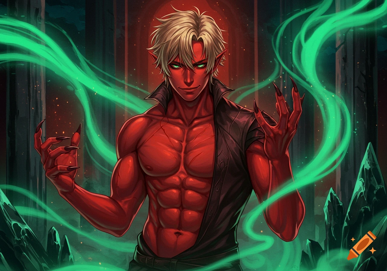 An anime-style half-demon man with flowing green hair and glowing green ...