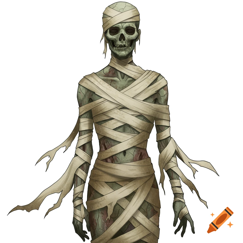 Full body illustration of an undead mummy with a skull face, green ...