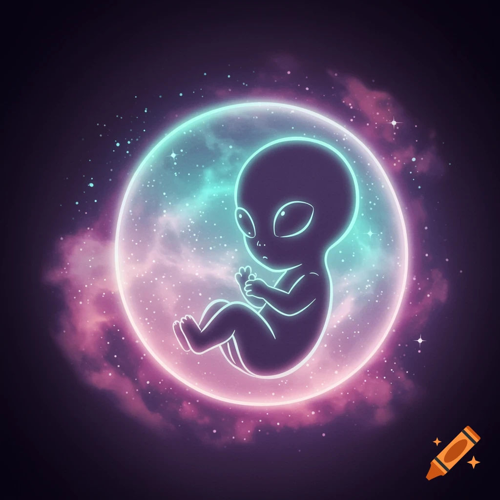Neon anime-style illustration of a baby alien glowing inside a cosmic ...