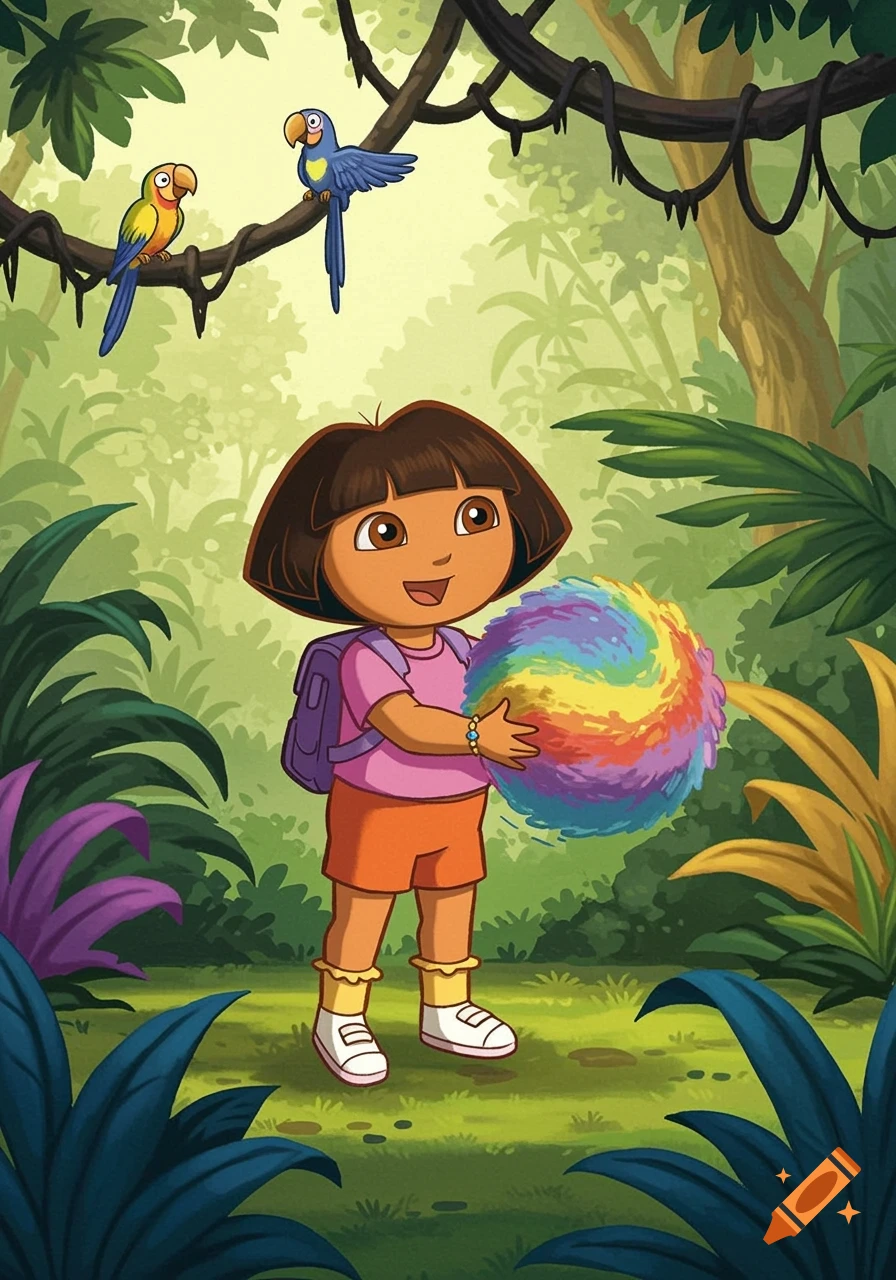 Dora the Explorer and Boots eat cherry pie at a picnic table in a sunny ...