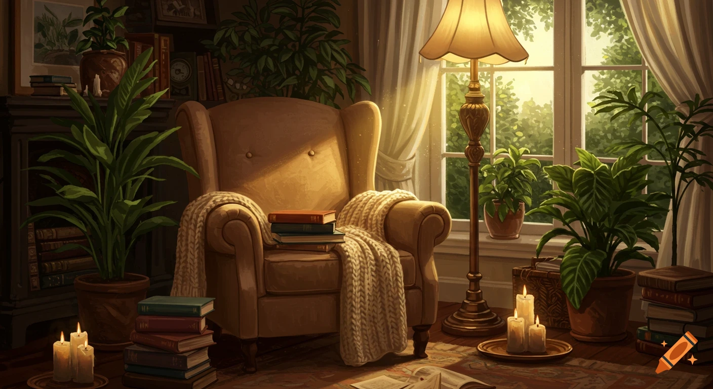 Whimsical mouse hole house interior with a spool table, a lit candle ...