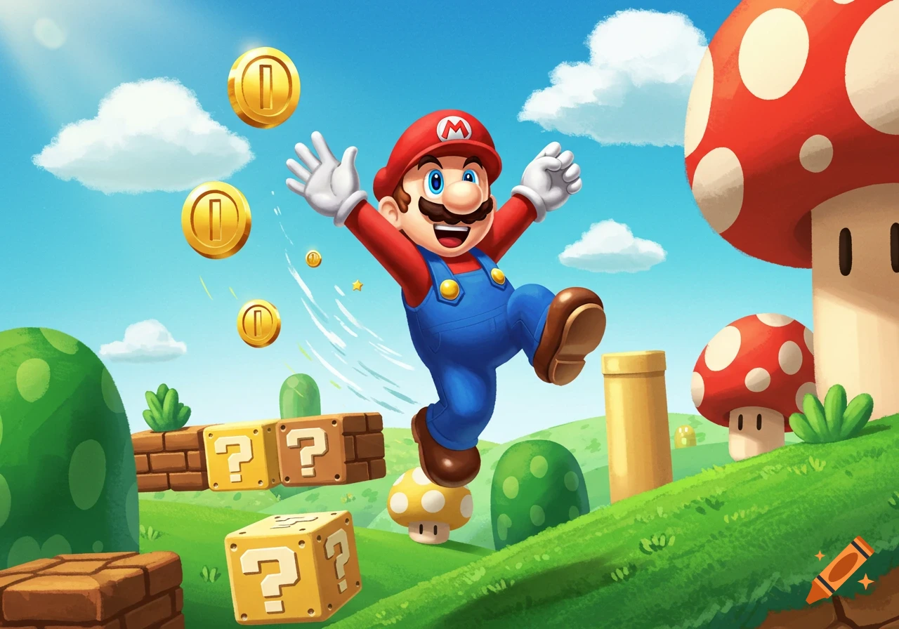 Mario stands on a green hill with a golden Super Star, surrounded by ...