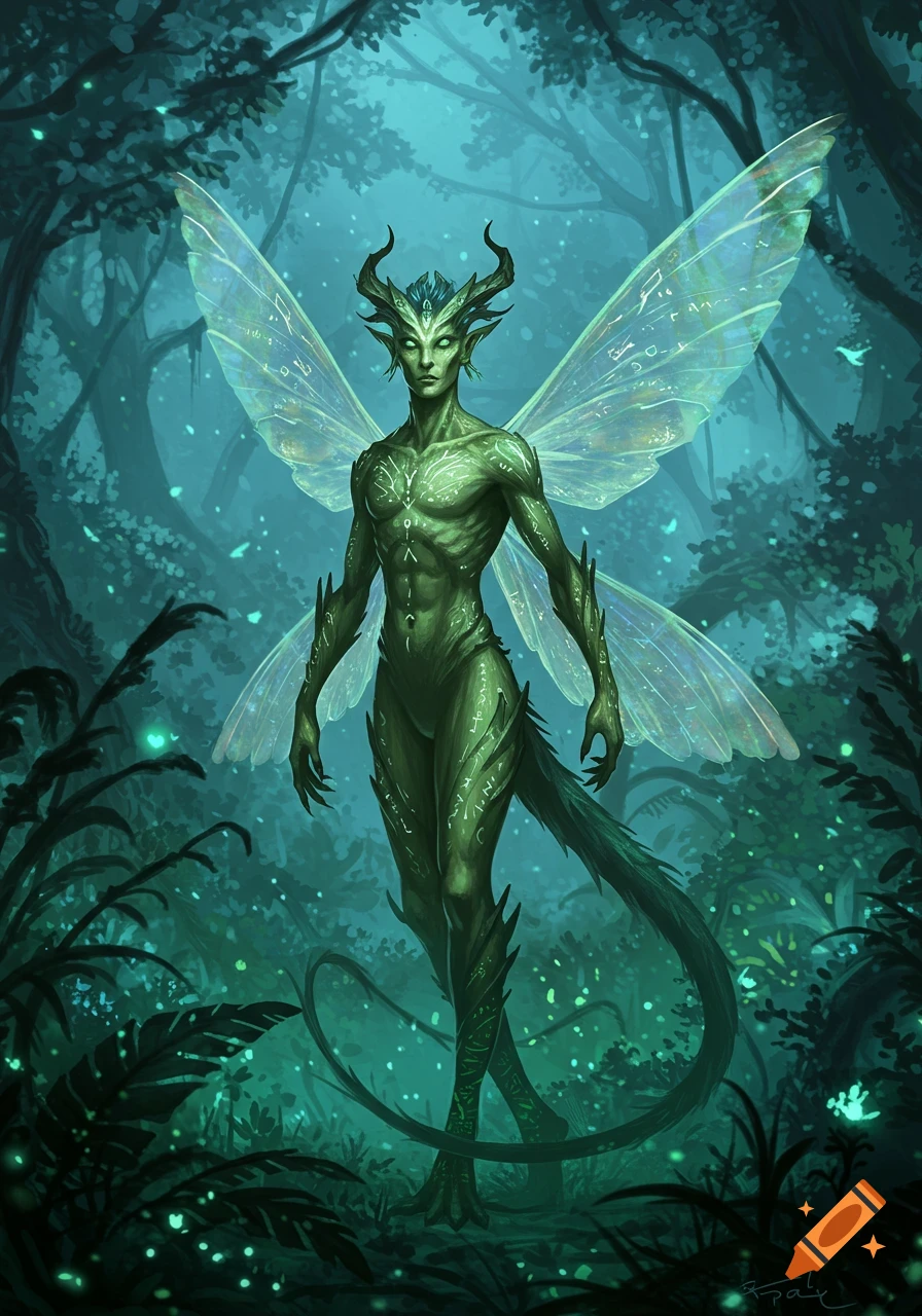 A green fantasy creature with horns, pointed ears, glowing eyes, and ...
