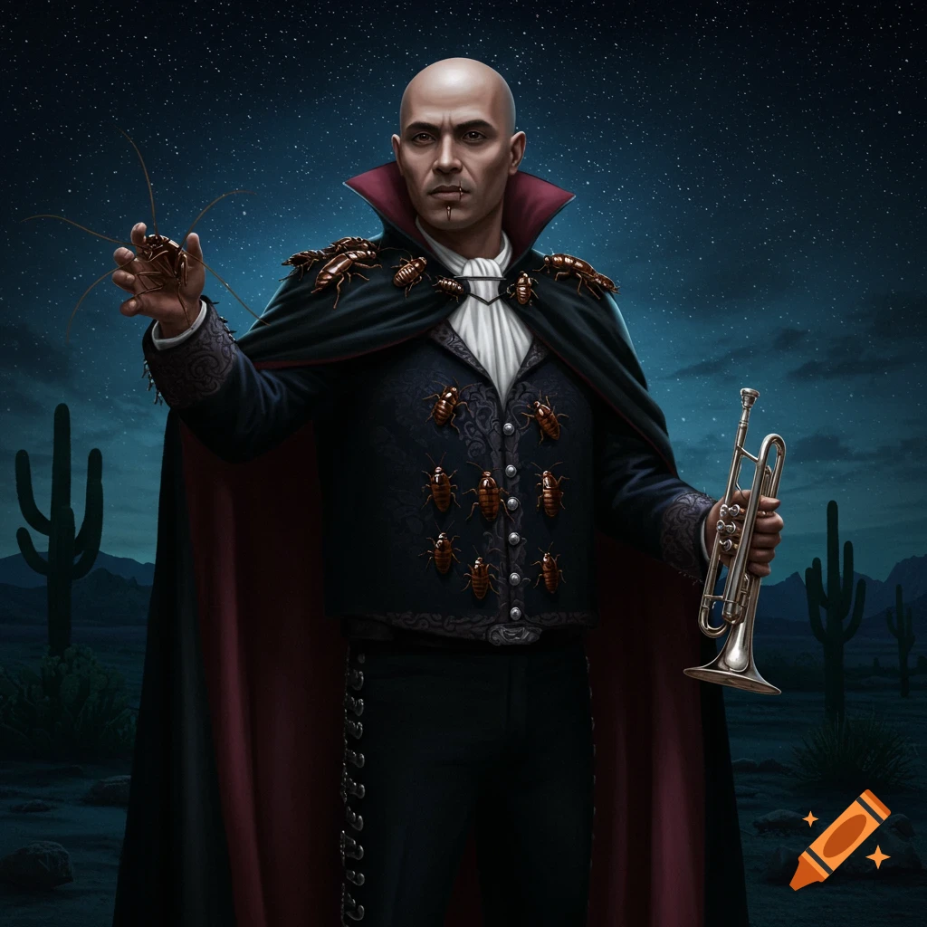 A bald man in a black vampire cloak adorned with cockroaches holds a ...