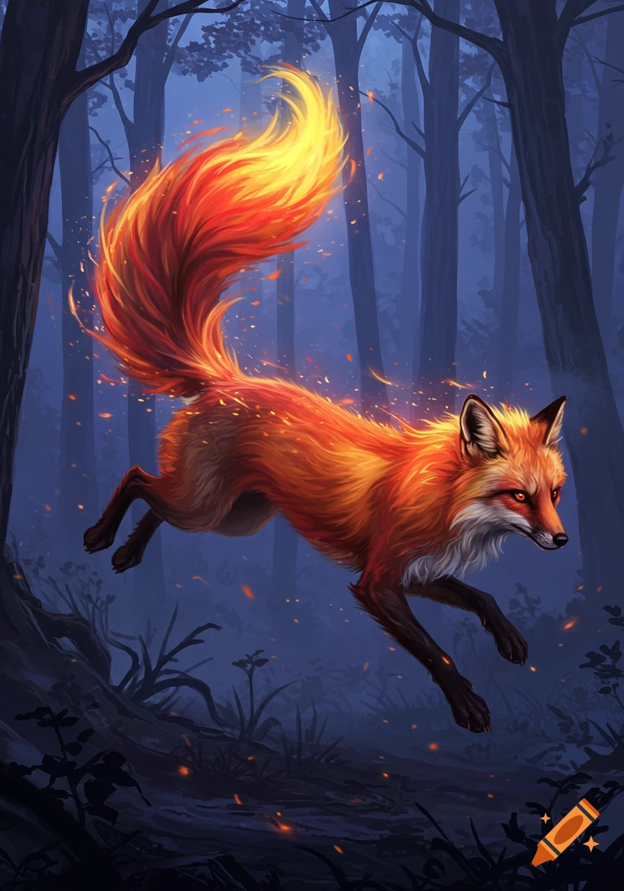 A vibrant, fiery fox with a glowing tail dashes through a dark ...