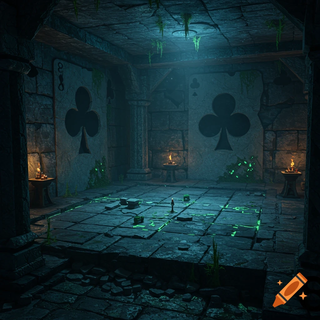 A dark, torch-lit stone dungeon passage with two doors, a small river ...