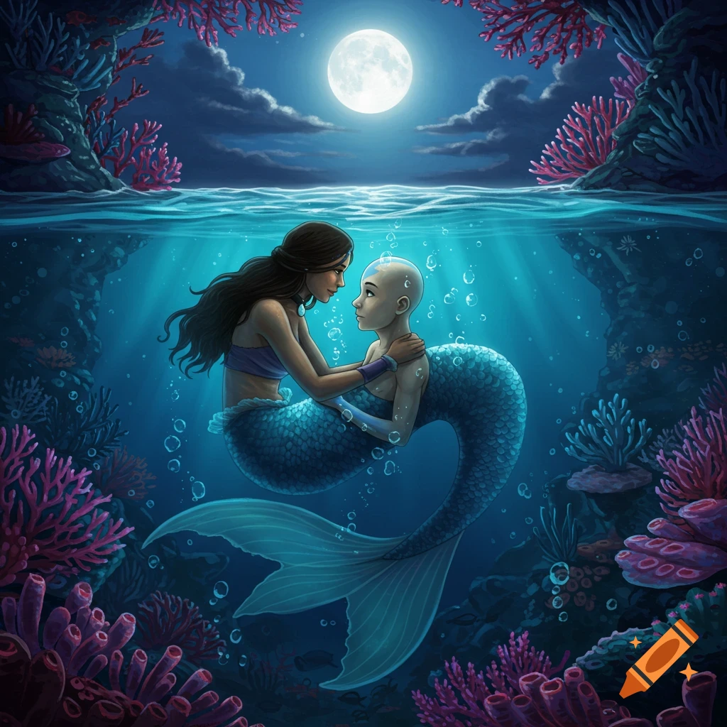 Two mermaids embrace underwater beneath a full moon, surrounded by ...