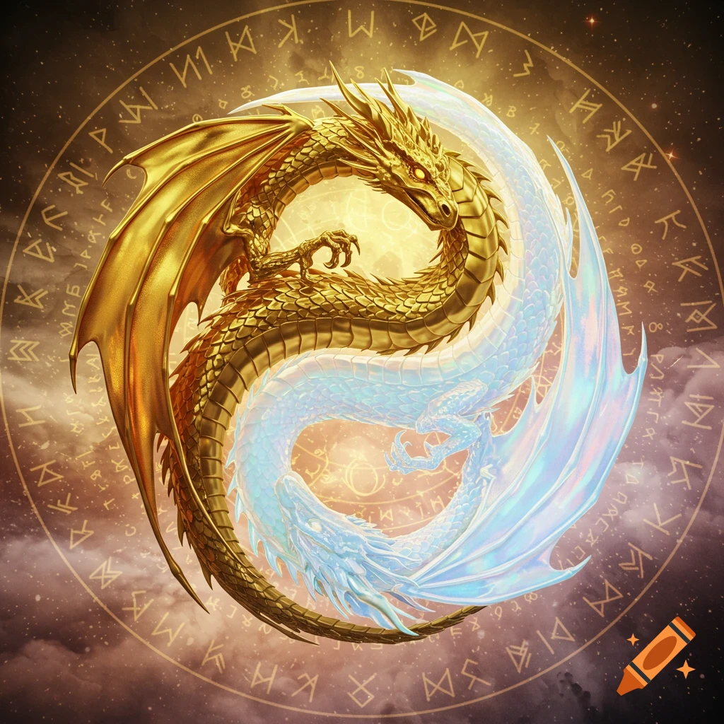 A golden dragon and an iridescent white dragon entwined in a yin-yang ...