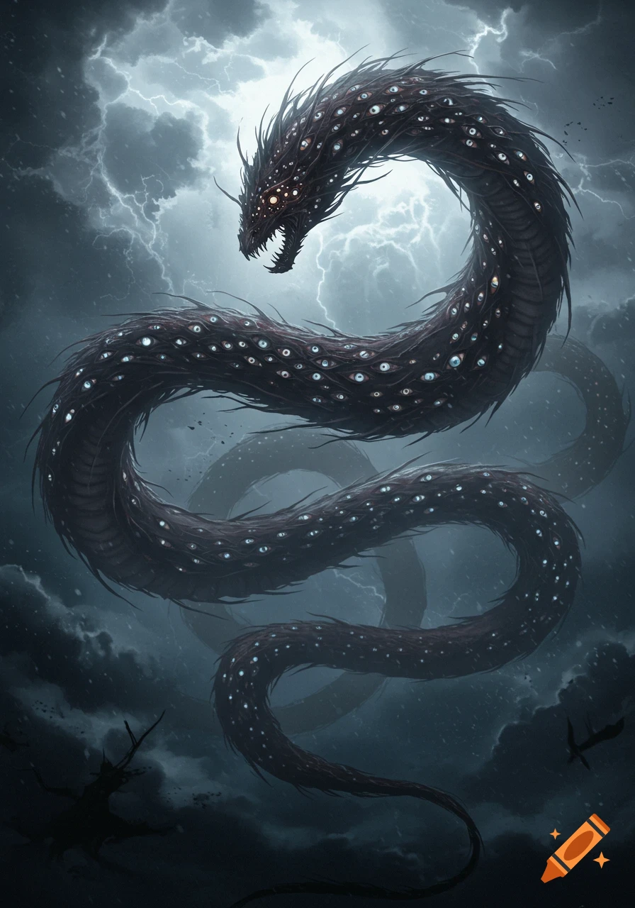 A colossal eldritch serpent covered in glowing eyes coils through a ...