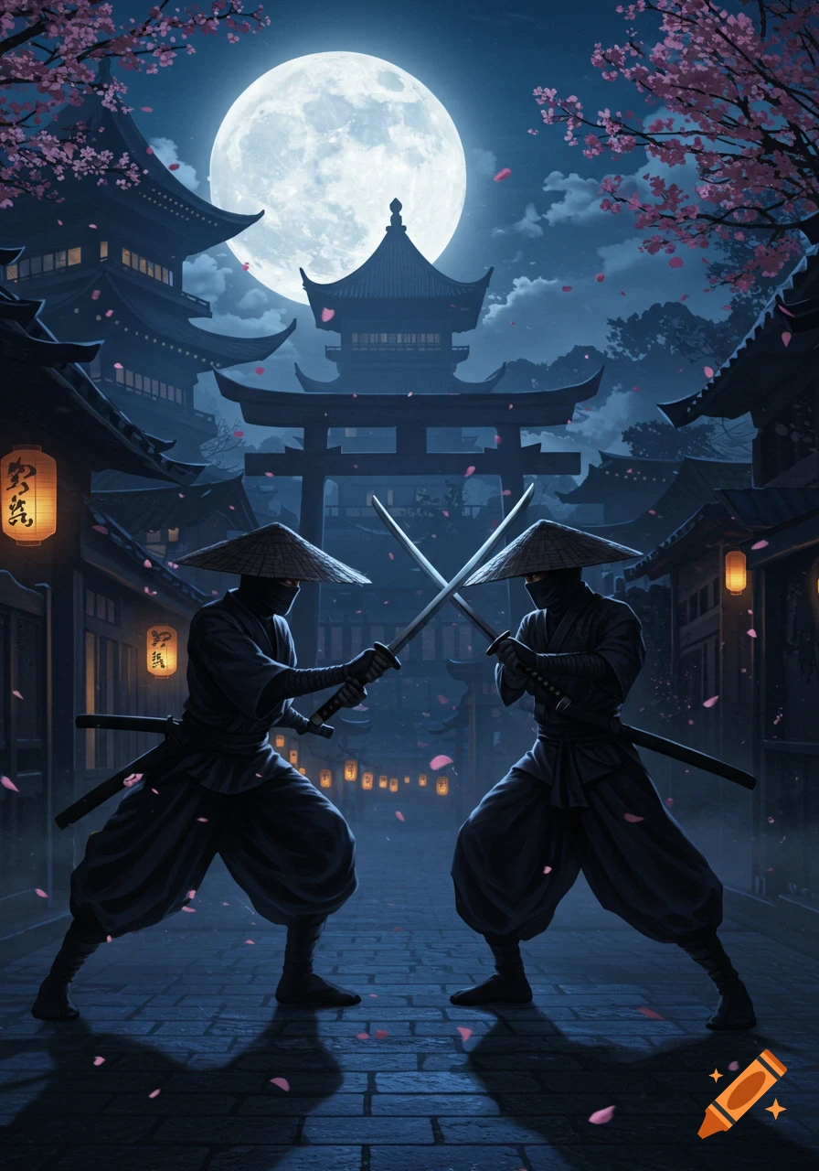 Naruto and Tanjiro face off with swords under a fiery red moon and an ...