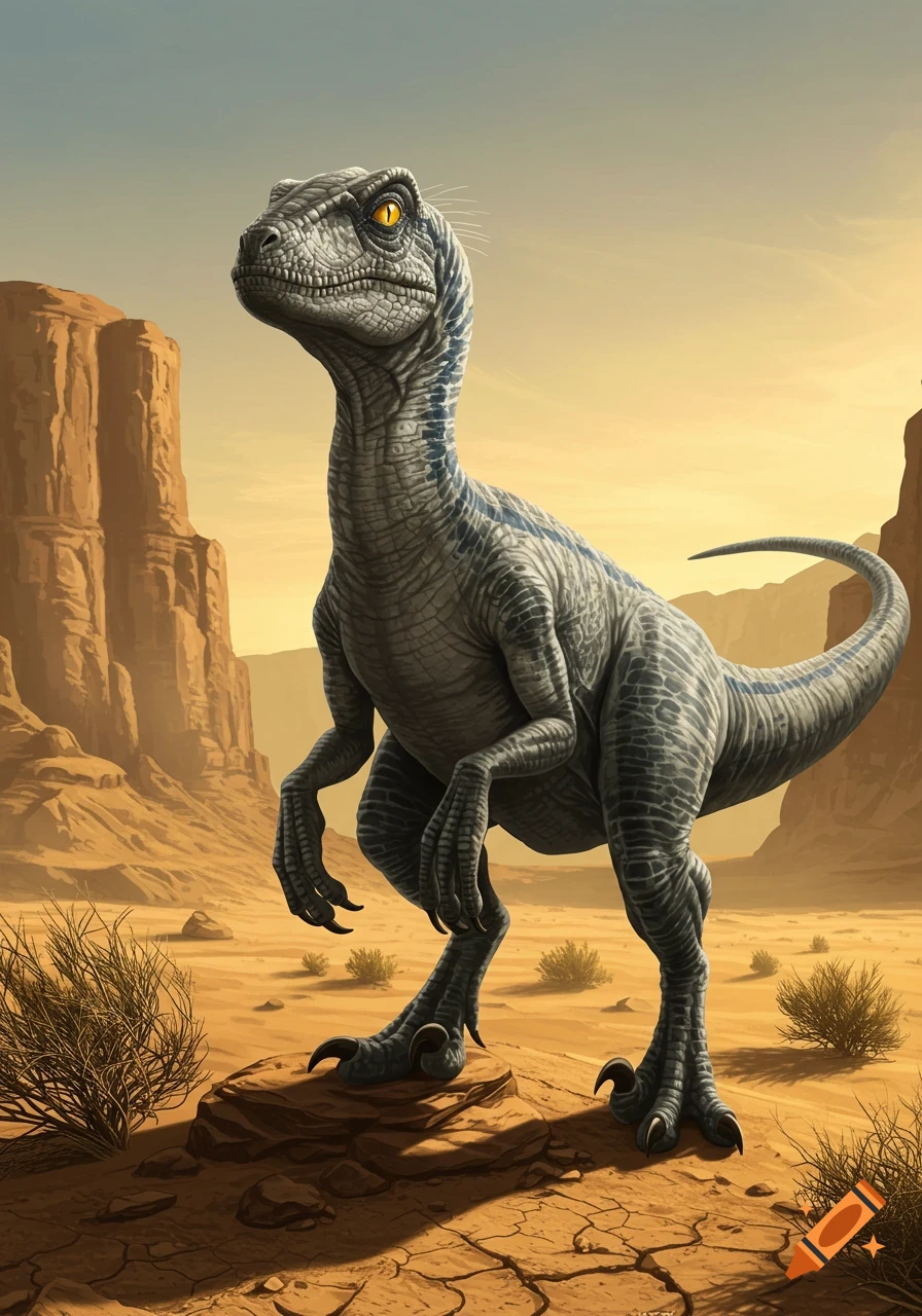 Feathered velociraptor in the Mongolian desert on Craiyon