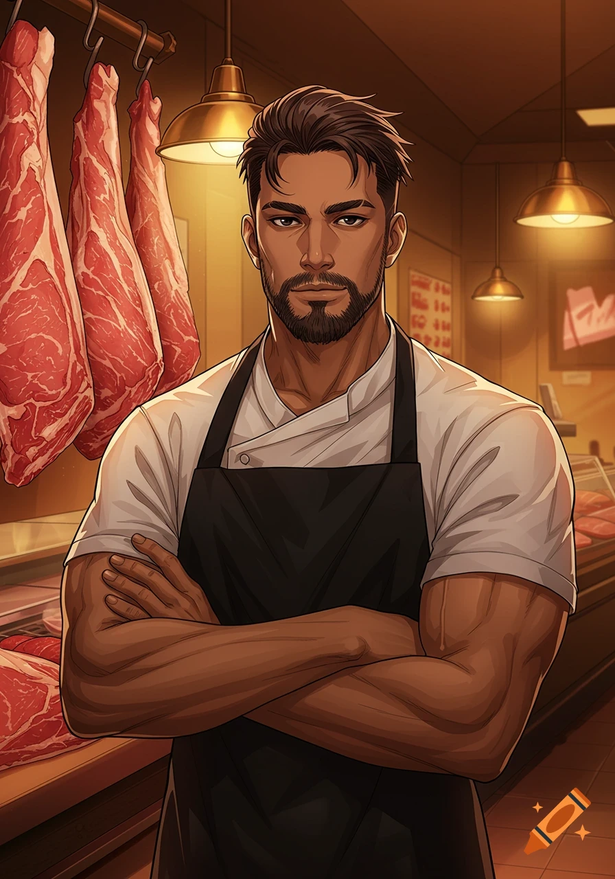 A man in a blue shirt and plaid apron stands stiffly in a kitchen, with ...