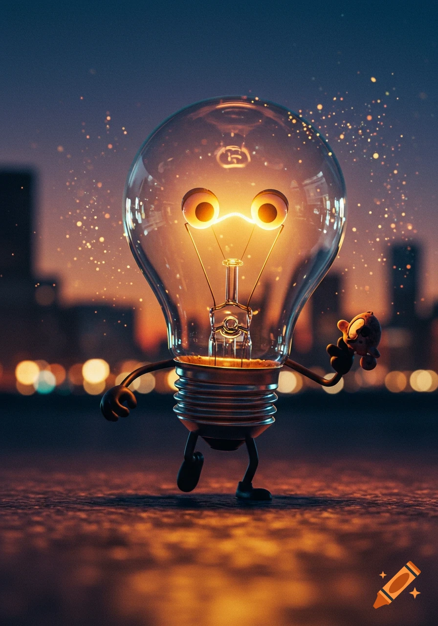 A glowing Edison light bulb lies next to a whole walnut and broken ...