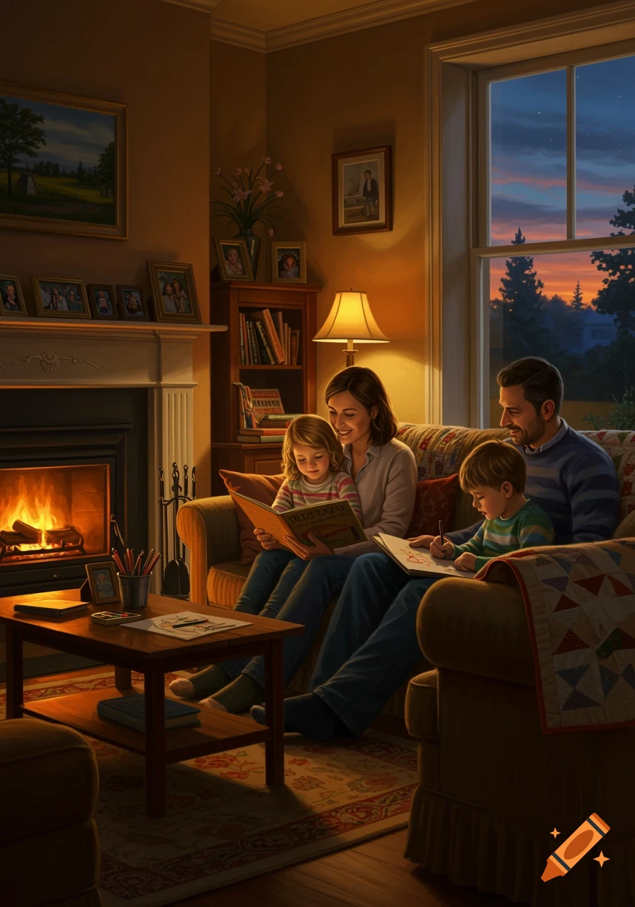 A happy family of four, parents and two sons, are cozily gathered by a ...
