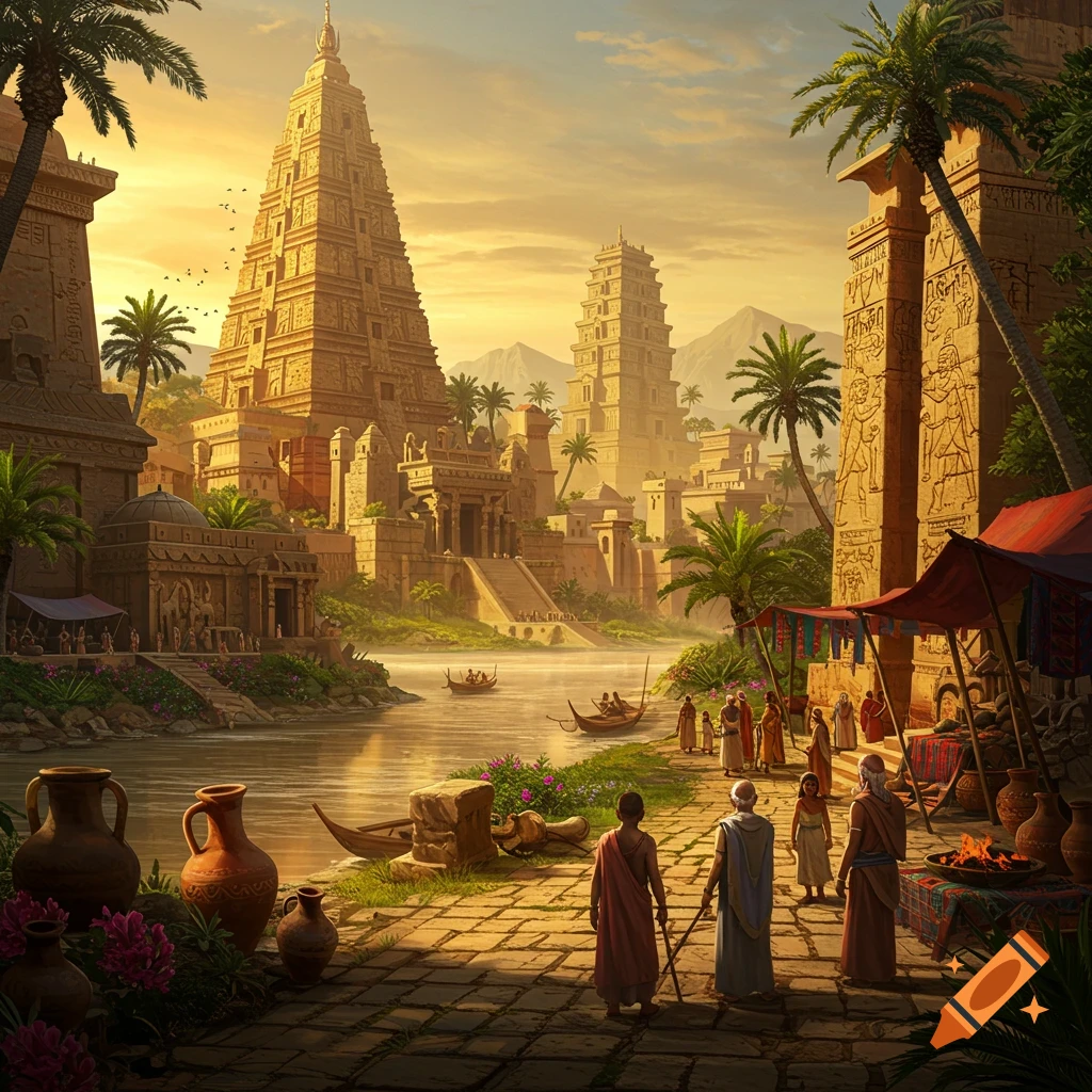 An ancient Egyptian landscape with pyramids, the Sphinx, temples, palm ...