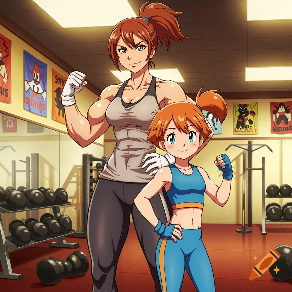 Misty's very muscular mom flexes in a gym next to her daughter Misty ...
