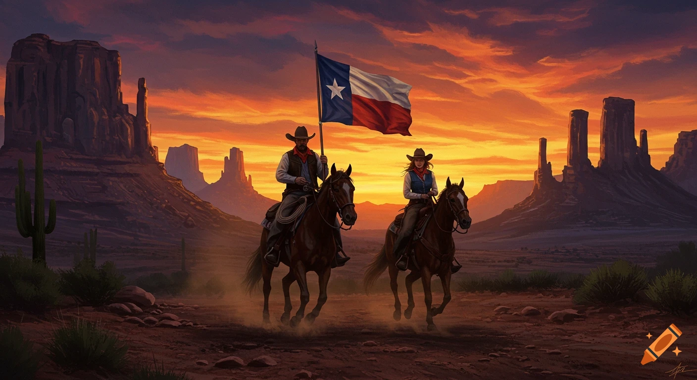 Photorealistic Texas flag waving over a green landscape with a clear ...