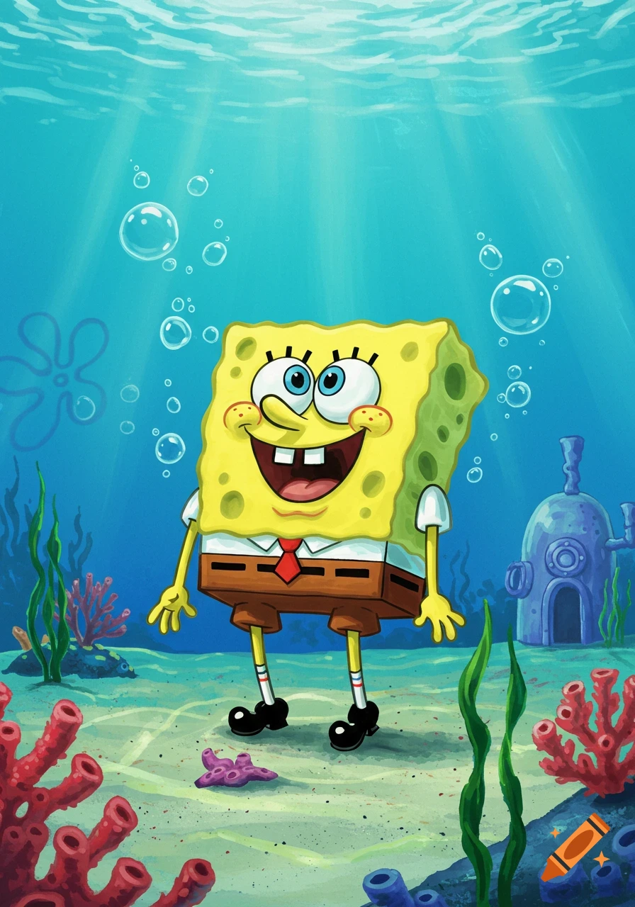 Cartoon Spongebob in an underwater lab, smiling slyly with white milk ...