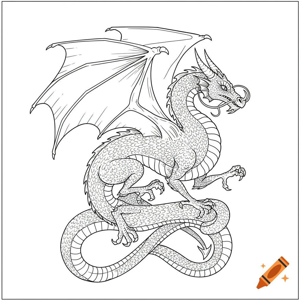 A detailed black and white line drawing of a European dragon with large ...