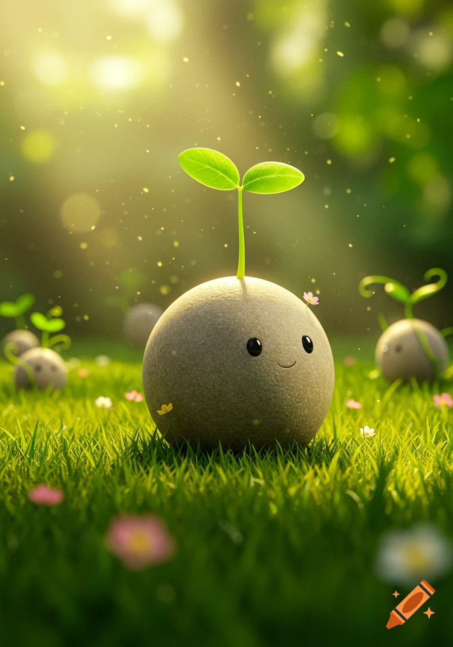 A cute round, gray creature with a green sprout on its head and a smile ...