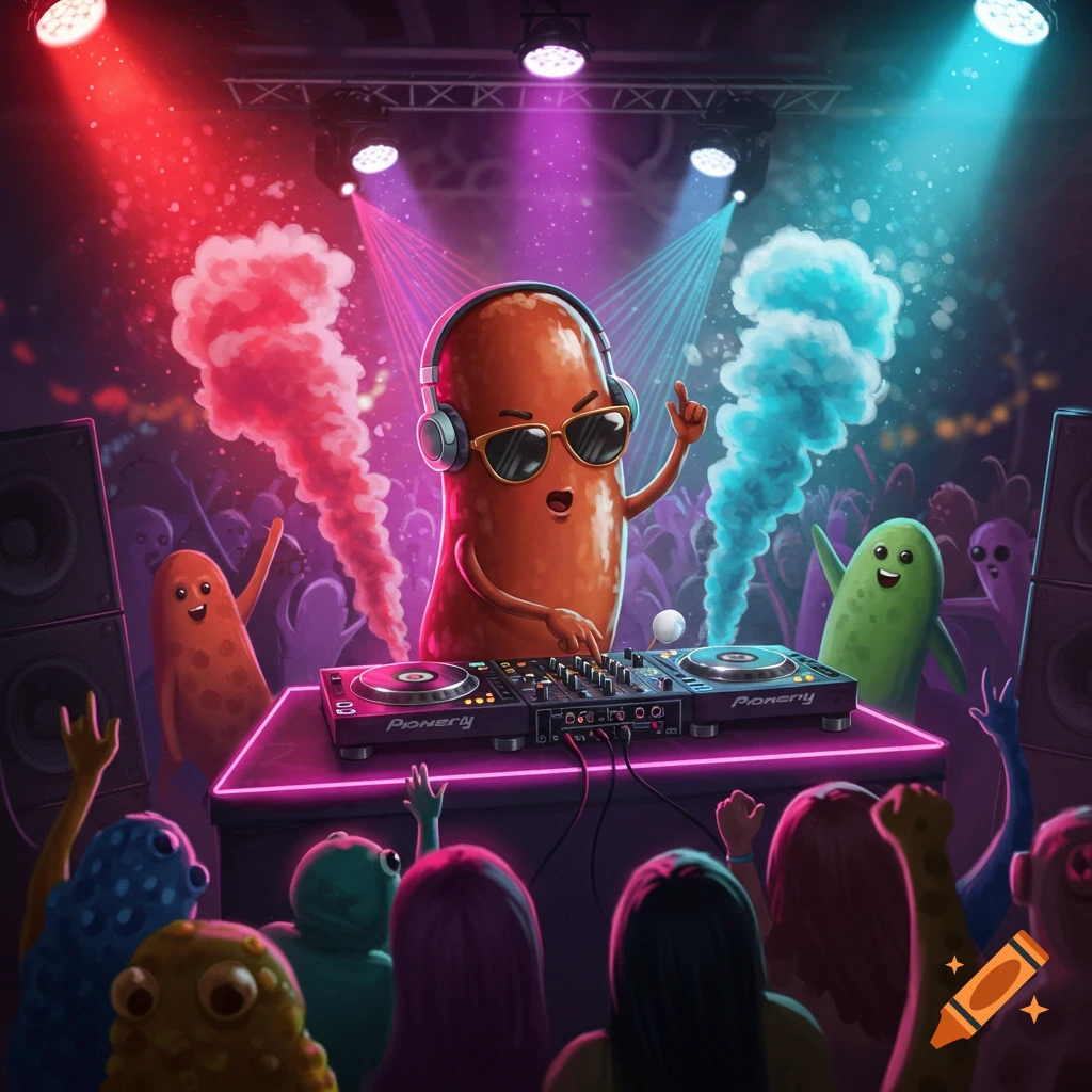 A white rabbit DJ wearing sunglasses, headphones, and a glowing harness ...