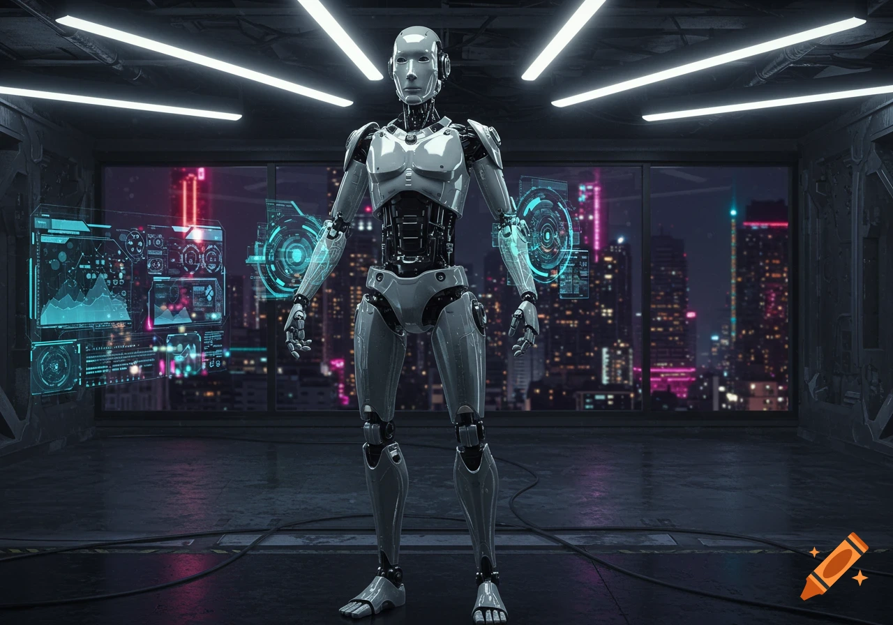 Photorealistic silver humanoid robot stands in a futuristic city at ...