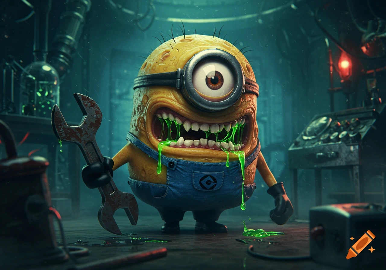 Two Minions use a laptop, one typing and one using a mouse. on Craiyon