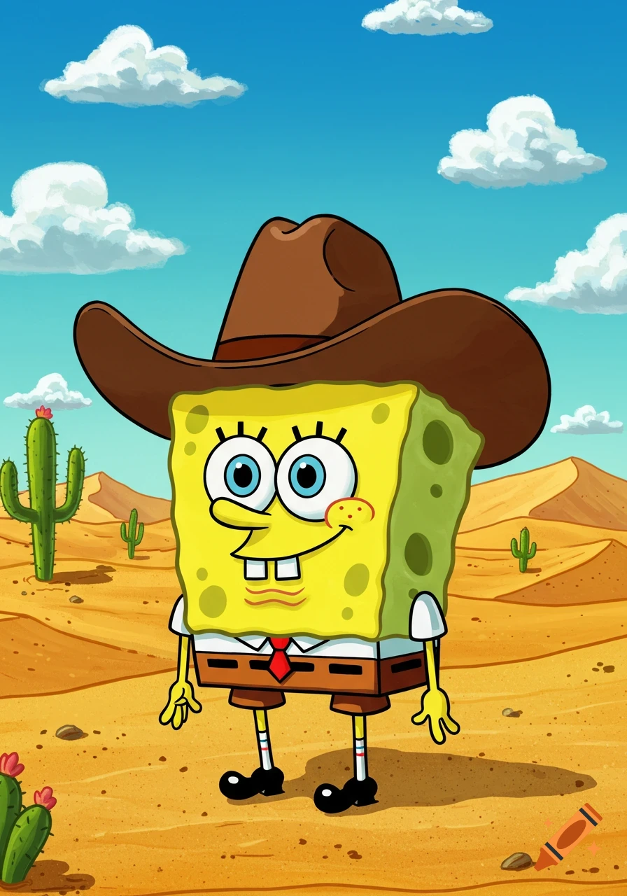 Spongebob Squarepants in a cowboy hat stands smiling in a cartoon ...