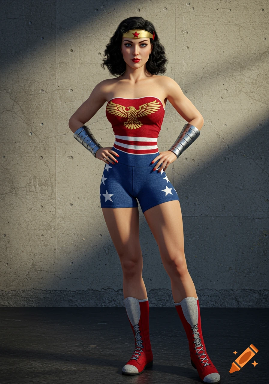 Photorealistic full-body shot of Wonder Woman in armor standing on a ...