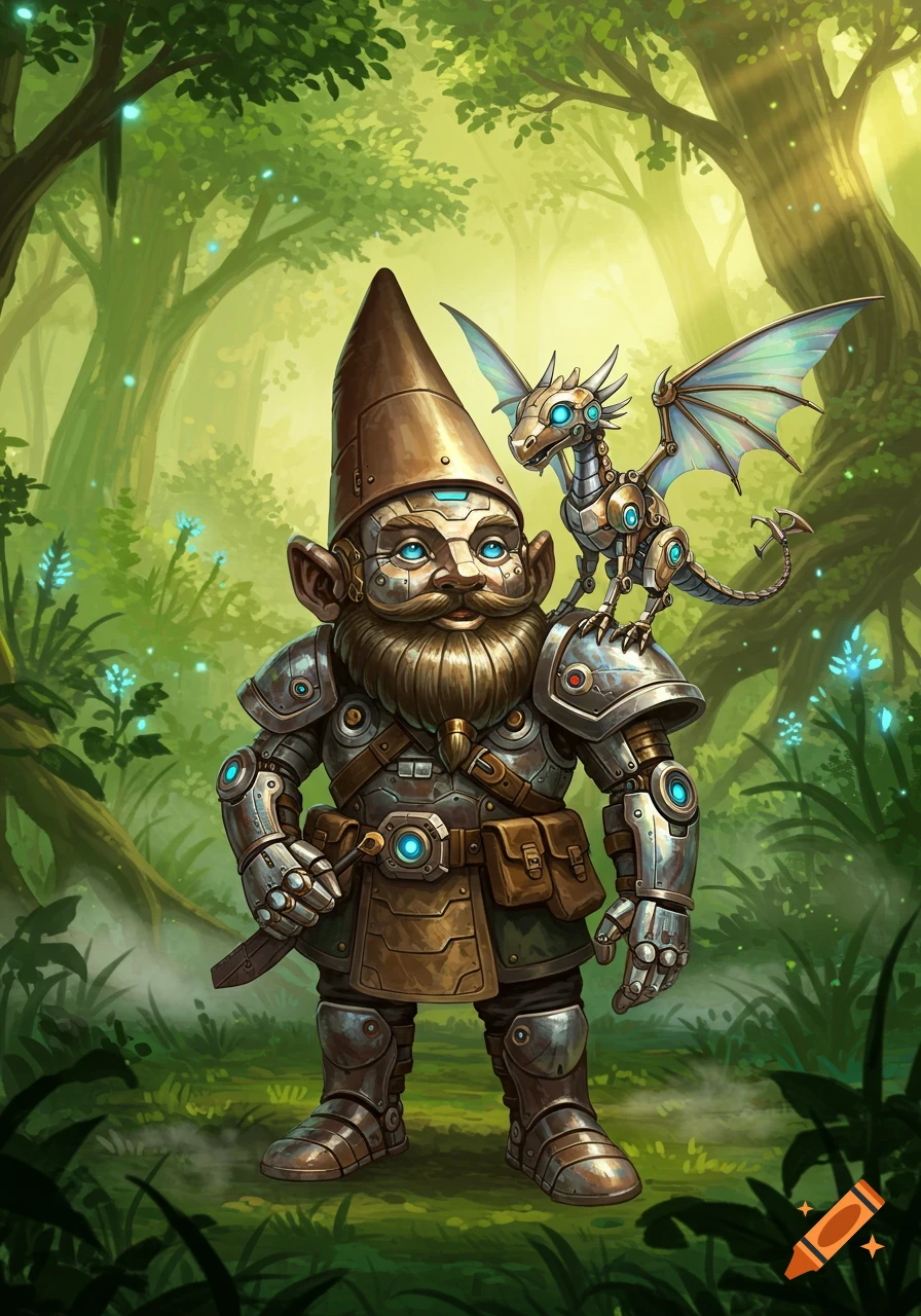 A steampunk gnome ranger with a robot dragon on his shoulder stands in ...