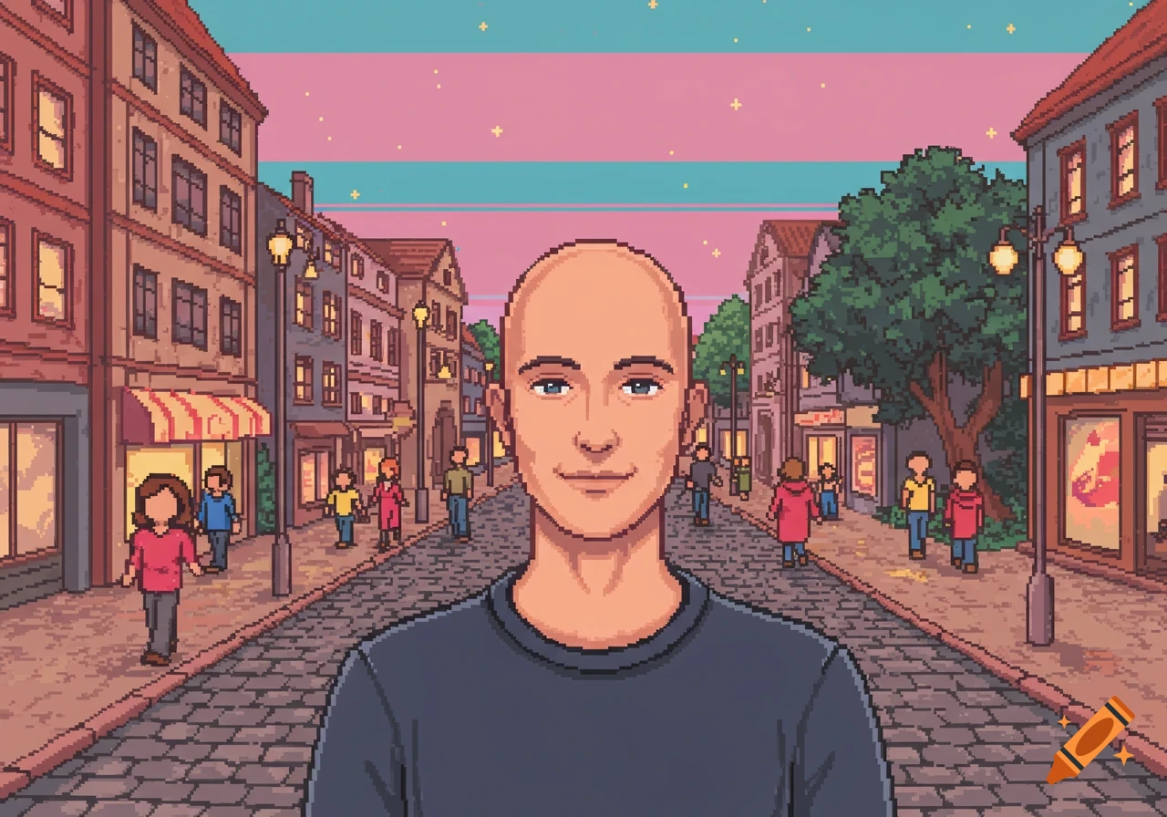 Pixel art of a smiling bald man in a dark shirt, centered on a ...